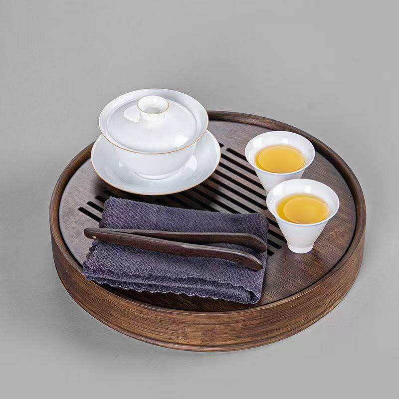 Bamboo Round Tea Tray with Water Tank - "Hua Hao Yue Yuan" (Bloom & Fu